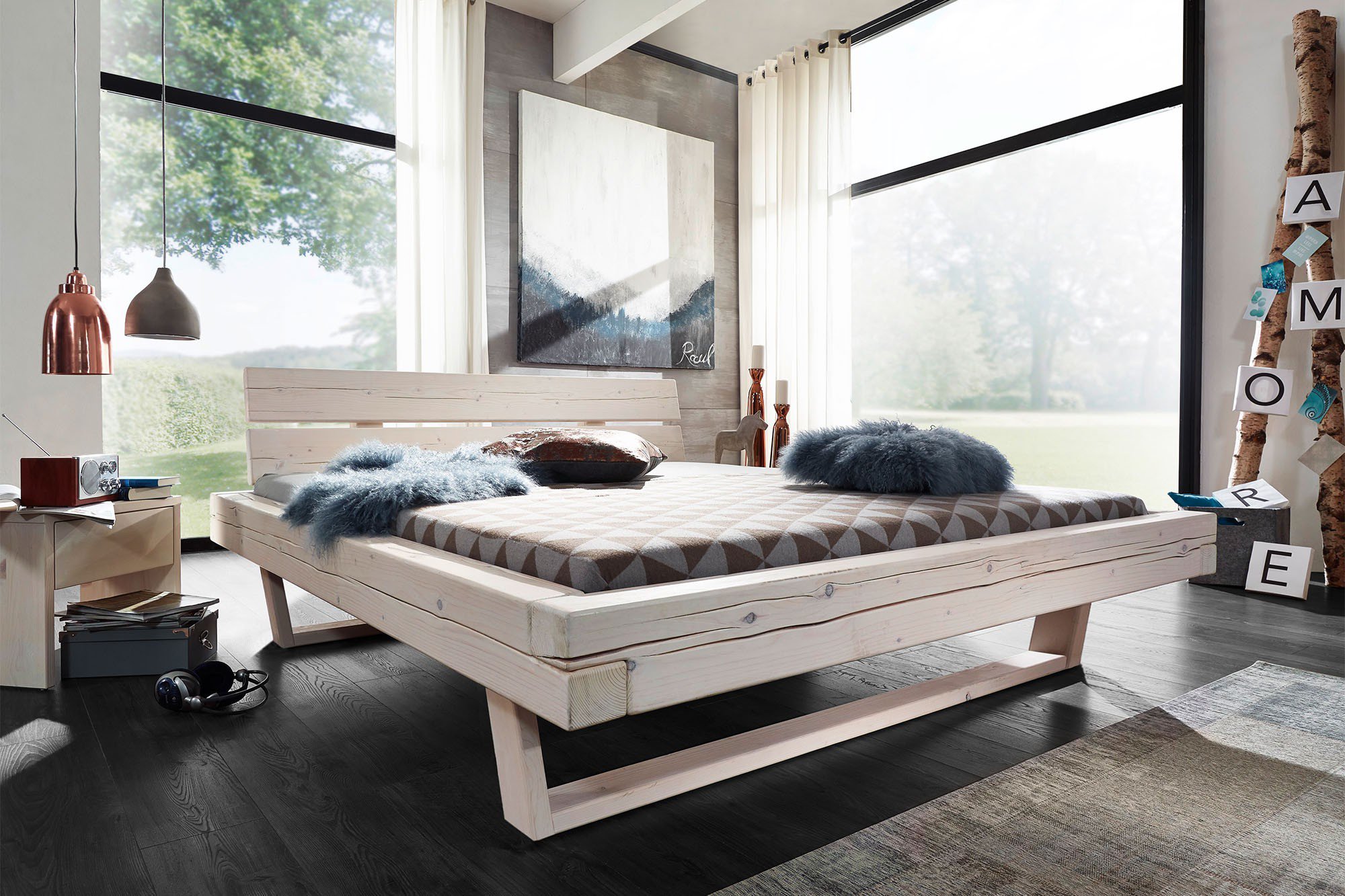 Balkenbett BE-0280 in 200x200 cm Fichte weiß lasiertt, günstig ...